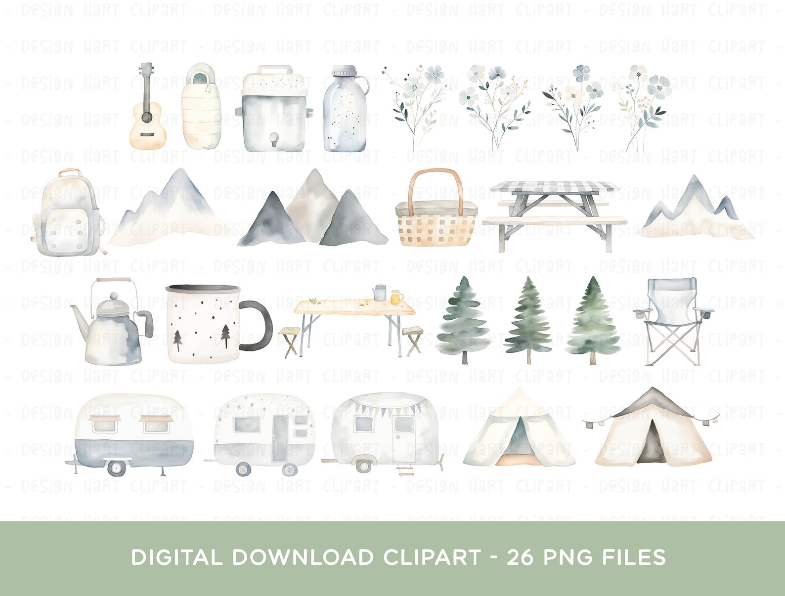 Camping Clipart Bundle, Camping Supplies Tent Caravan Camper Picnic ...