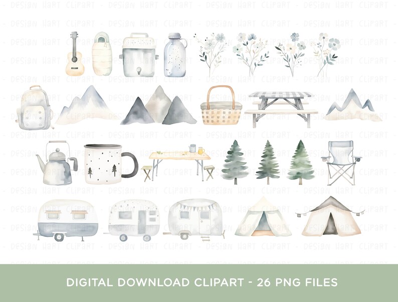 Camping Clipart Bundle, Camping Supplies Tent Caravan Camper Picnic ...