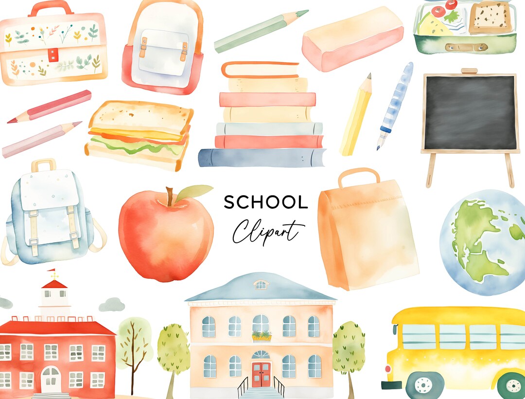 School Clipart Bundle, Watercolor Pencil Bus Books Globe Graphics ...