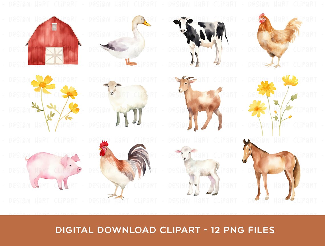 Farm Animal Clipart Bundle, Watercolor Barnyard Animals Pig Cow Horse ...