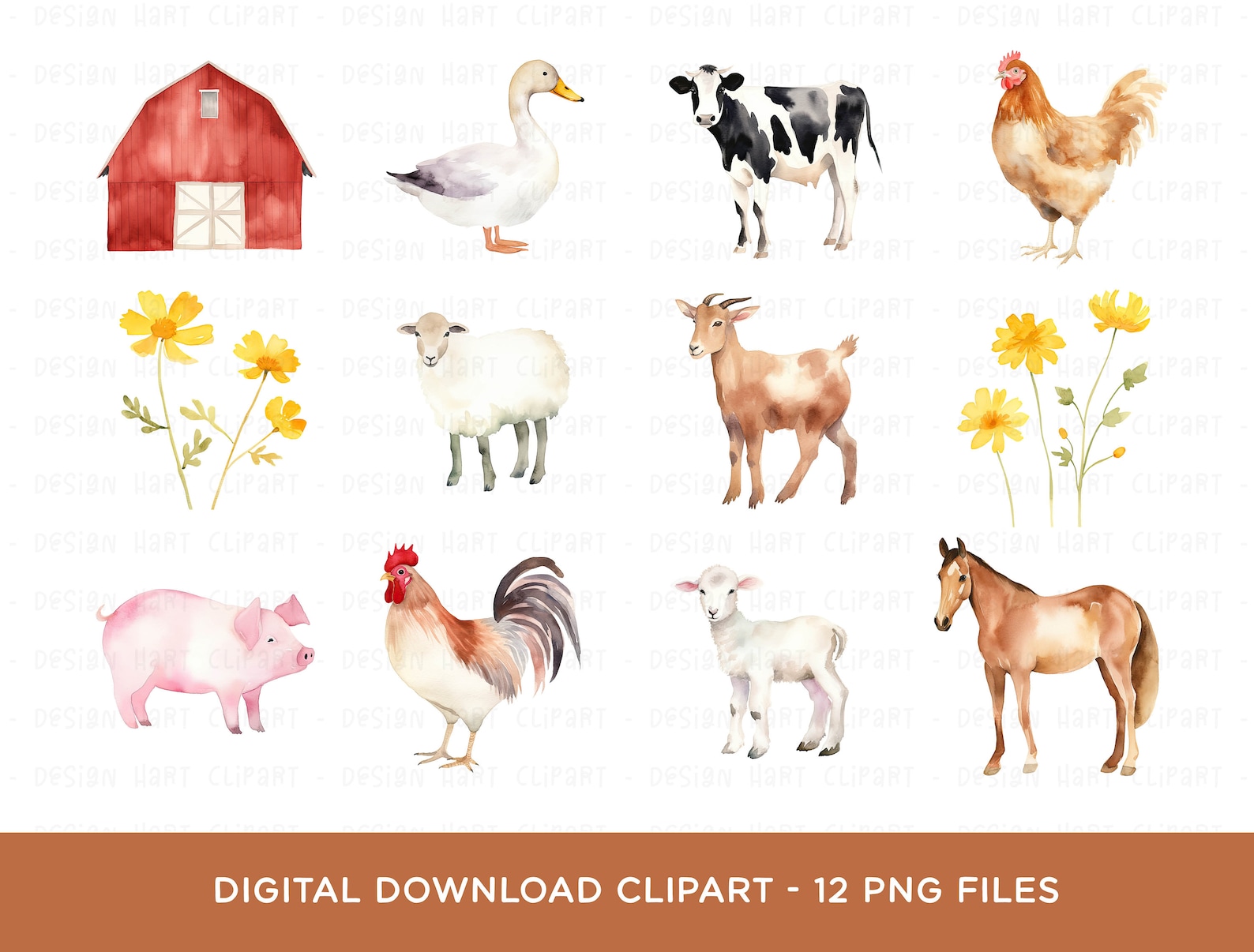 Farm Animal Clipart Bundle, Watercolor Barnyard Animals Pig Cow Horse ...