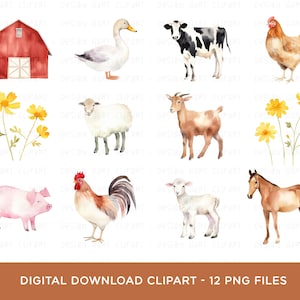 Farm Animal Clipart Bundle, Watercolor Barnyard Animals Pig Cow Horse ...