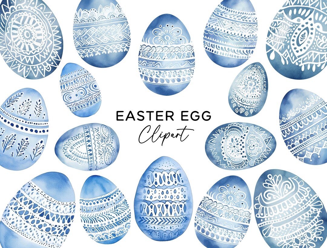 Easter Egg Clipart Bundle - Watercolor Boho Blue Pastel Patterned Eggs ...
