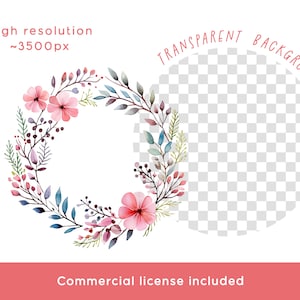 Botanical Wreath Clipart - Watercolor Wildflower Floral PNG in Pink ...