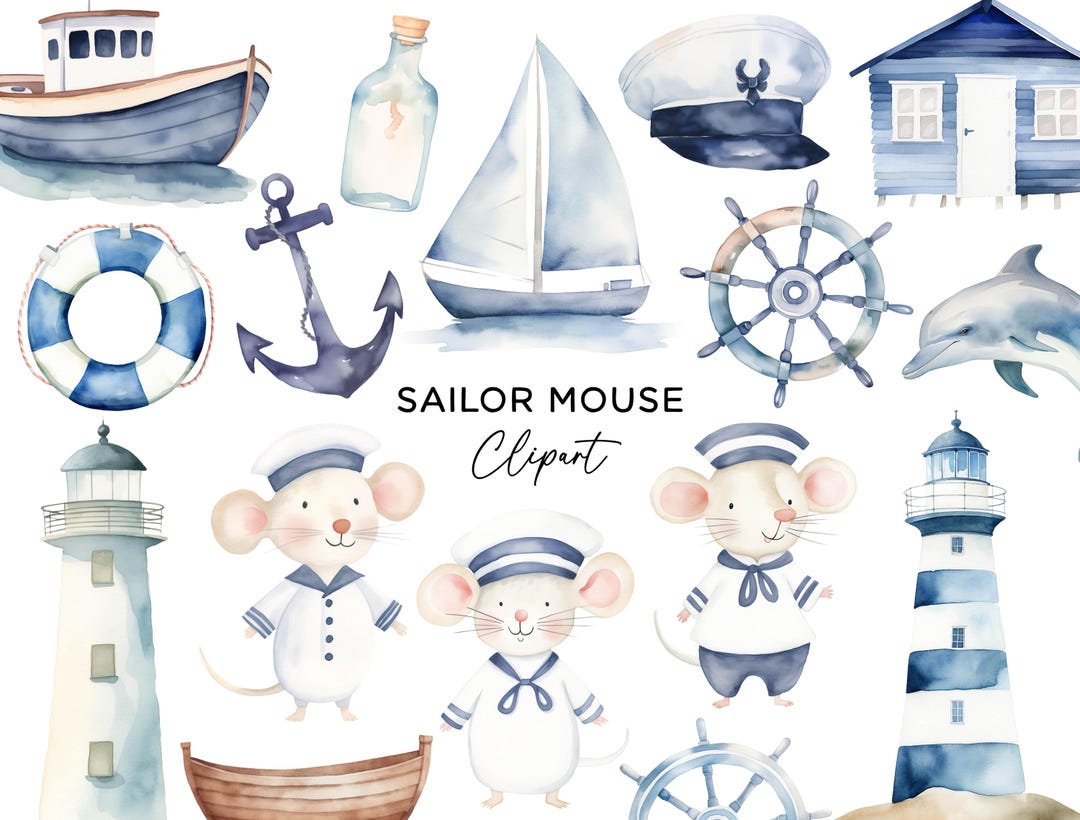Sailor Mouse Clipart Bundle, Watercolor Mice Lighthouse Anchor Boat ...