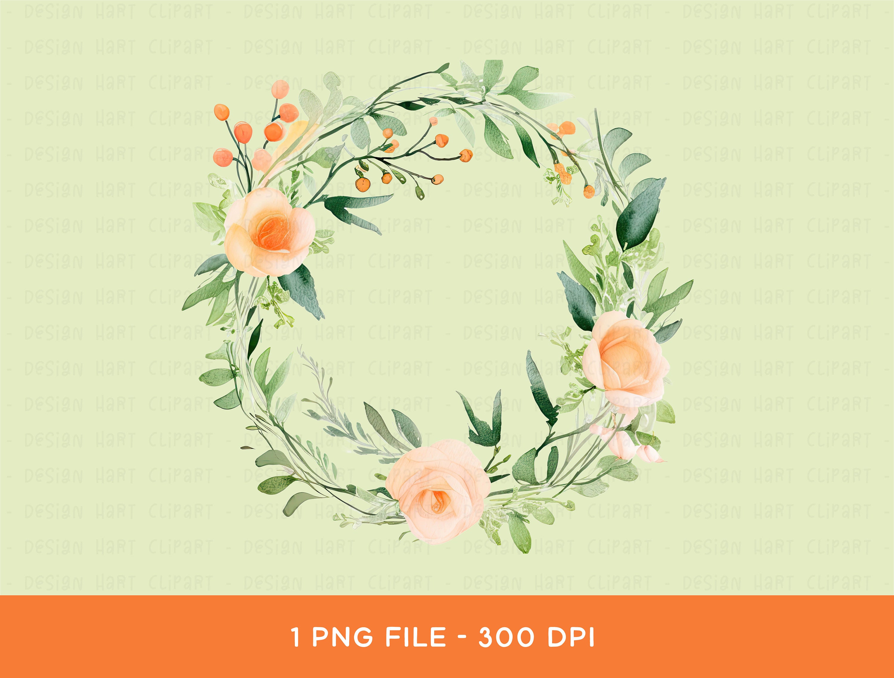 Floral Wreath Clipart Watercolor Peach Orange Rose Botanical PNG for ...