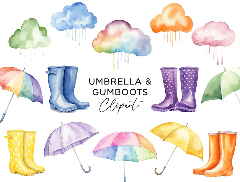 Umbrellas & Gumboots Clipart Bundle, Watercolor Wellies Brollies Rain ...