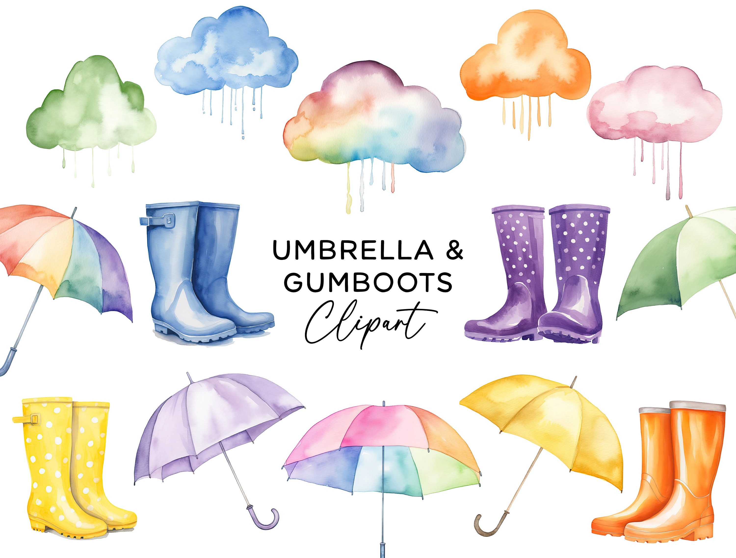 Umbrellas & Gumboots Clipart Bundle, Watercolor Wellies Brollies Rain ...