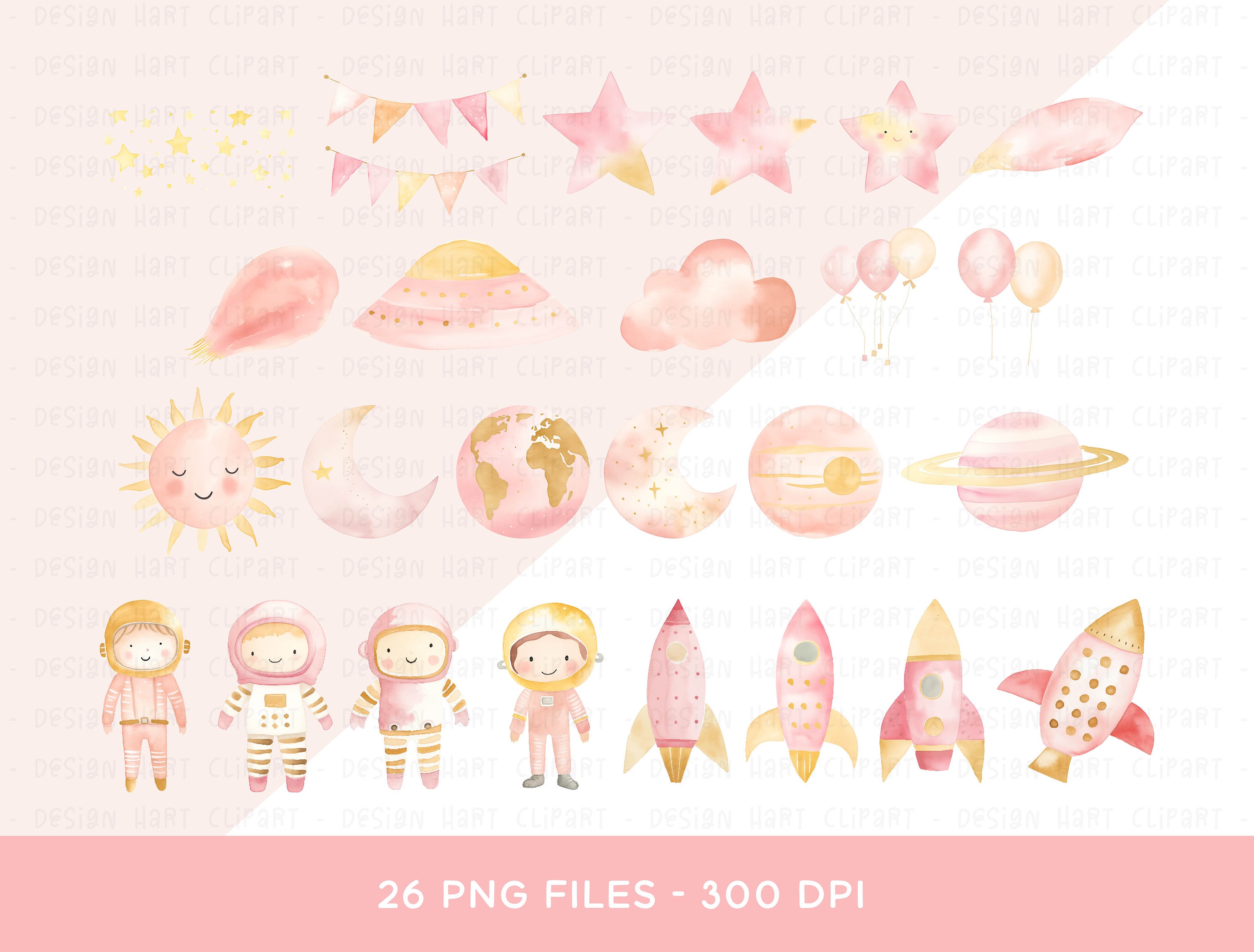 Astronaut Clipart Bundle, Watercolor PNG Girls Pink Gold Digital ...