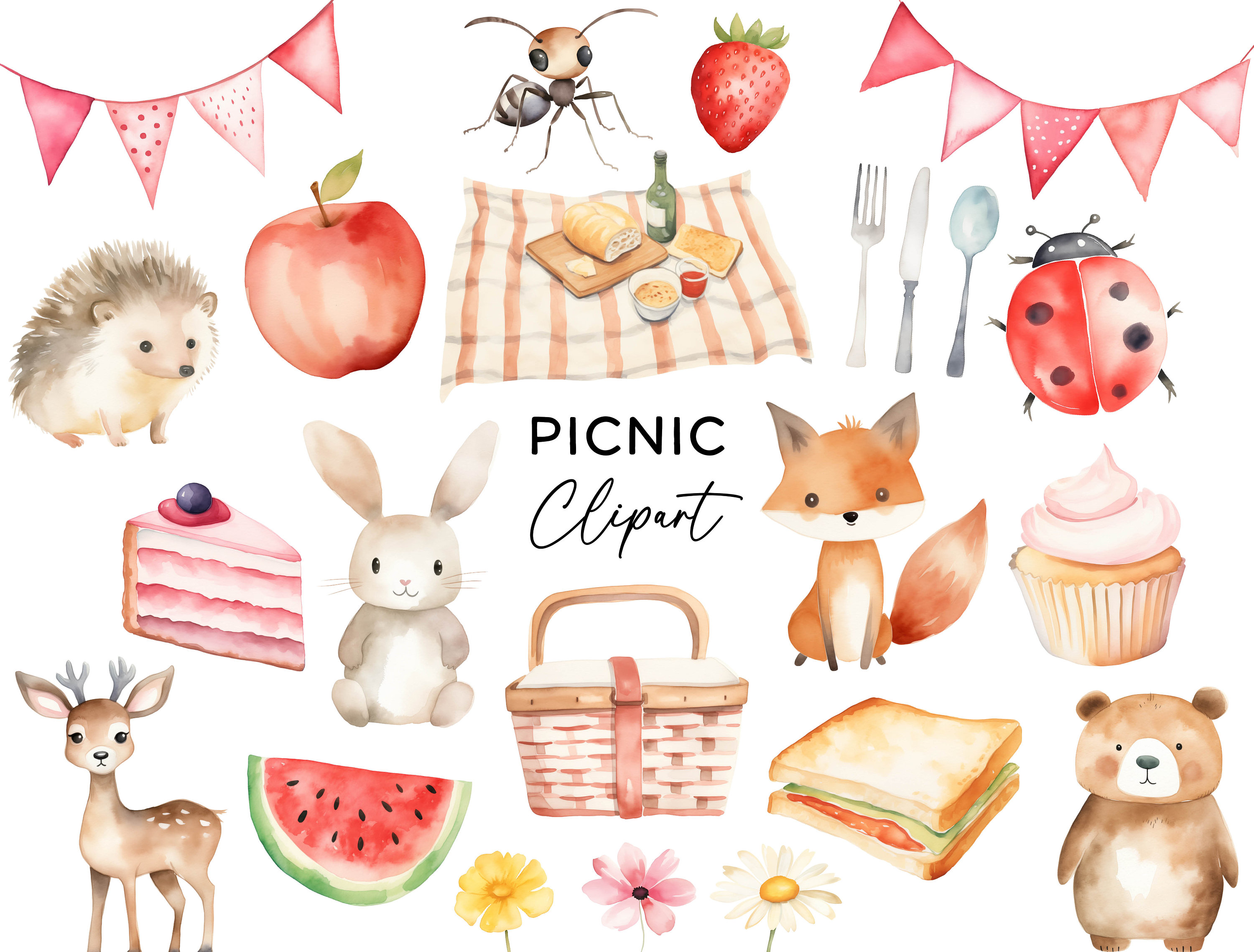 Picnic Clipart Bundle, Woodland Forest Animals Sandwich Cake Fruit Ant ...