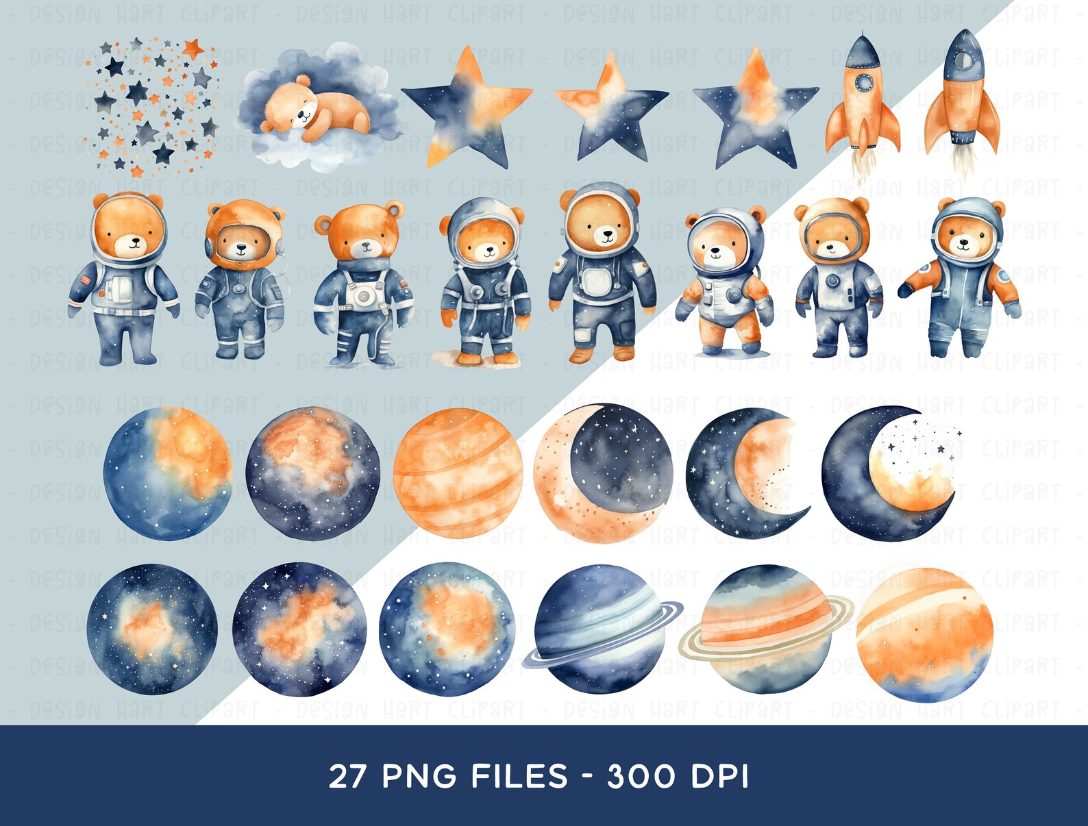 Astronaut Teddy Bear Clipart, Watercolor Outer Space Galaxy Rocket Ship ...