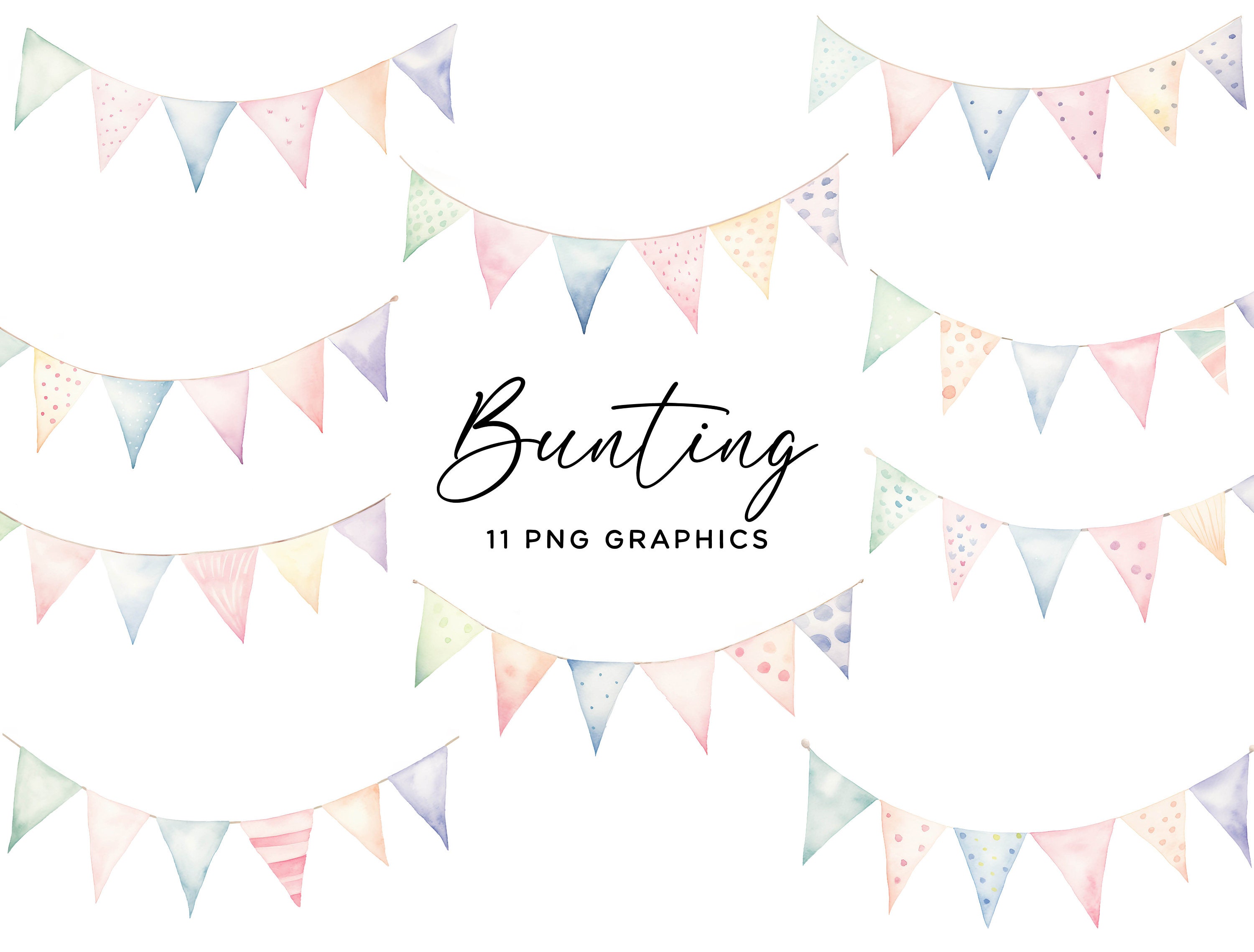 Bunting Clipart Bundle, Watercolor Pastel Party Banner Rainbow PNG ...