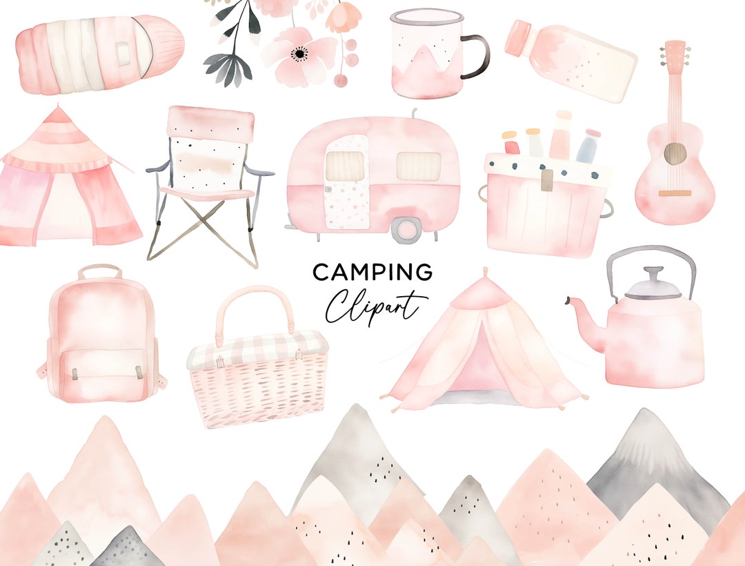 Pink Camping Clipart Bundle, Watercolor Adventure Camper Tent Campfire ...