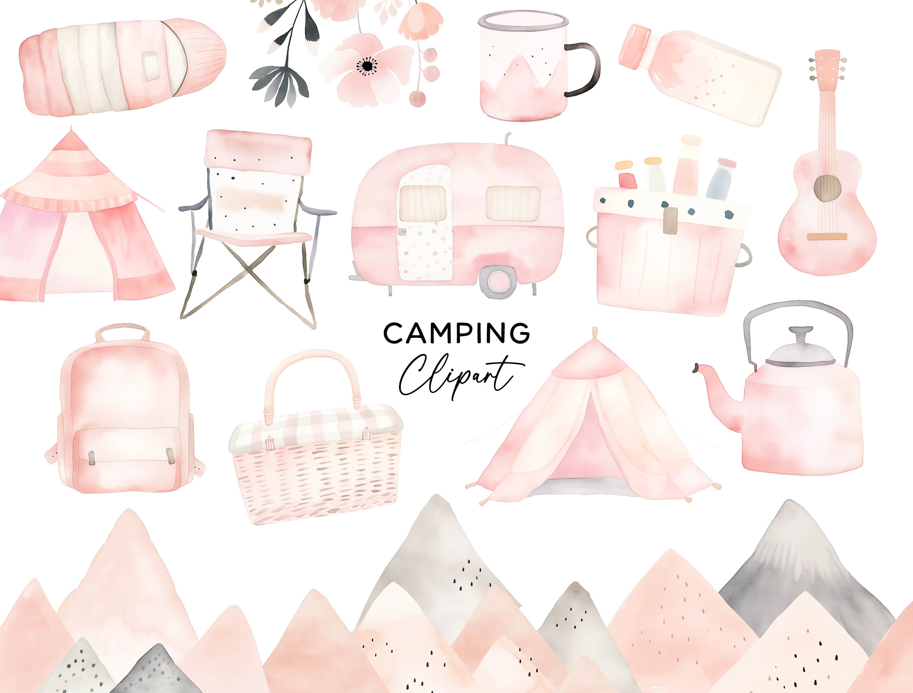Pink Camping Clipart Bundle, Watercolor Adventure Camper Tent Campfire ...