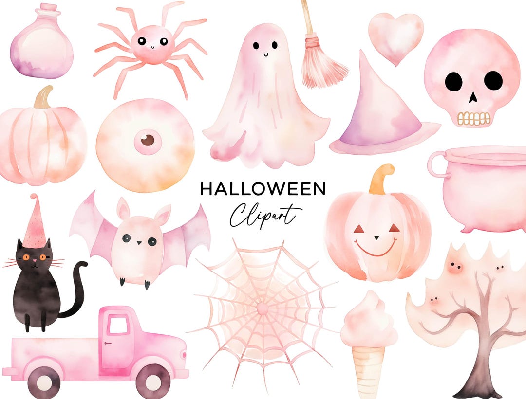 Halloween Clipart Bundle, PNG Graphics Digital Download Watercolor Pink ...