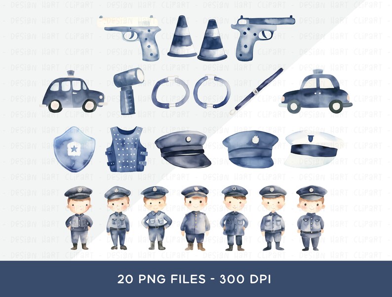 Police Kid Clipart Bundle, Cute Watercolor Boy Policeman Car Gun ...