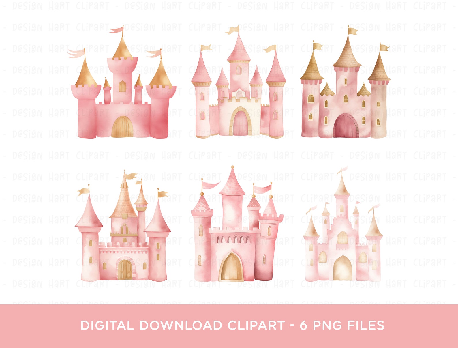 Pink Castle Clipart Bundle, Princess Magical Fairytale Pink Gold Girls ...