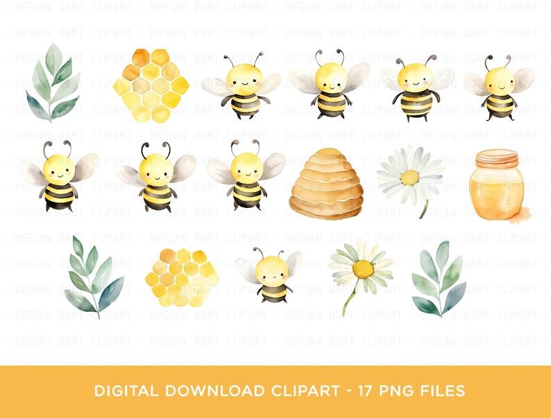 Bee Clipart Bundle, Watercolor Bumble Bee Honeycomb Clip Art PNG ...