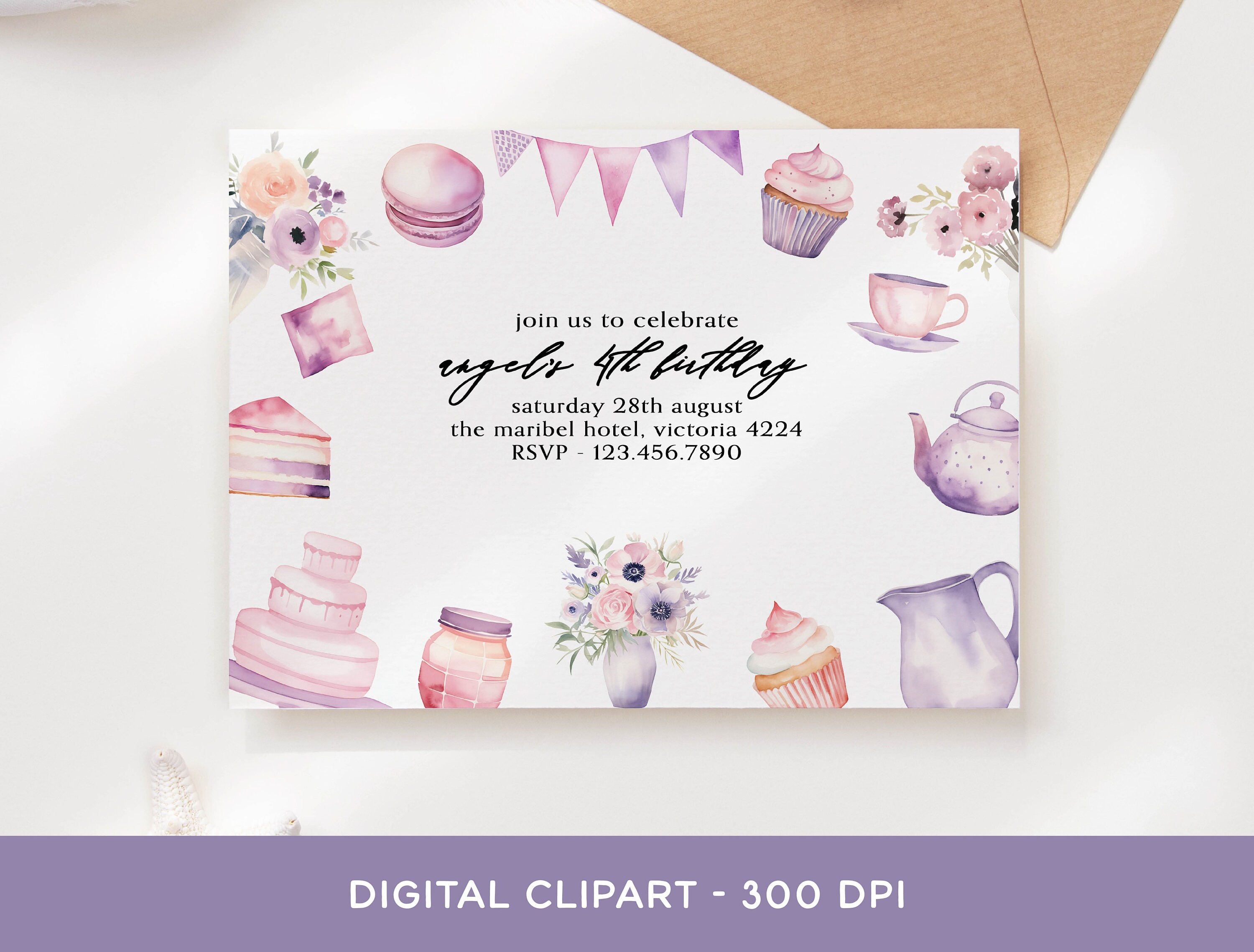 Tea Party Clipart Bundle Watercolor Pink & Purple Teapot Teacup Cupcake ...