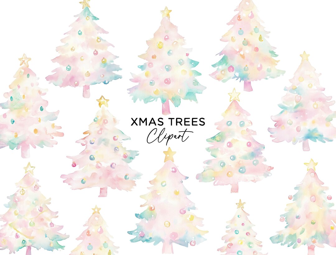 Pastel Christmas Tree Clipart Bundle, Rainbow Watercolor Xmas Trees PNG ...