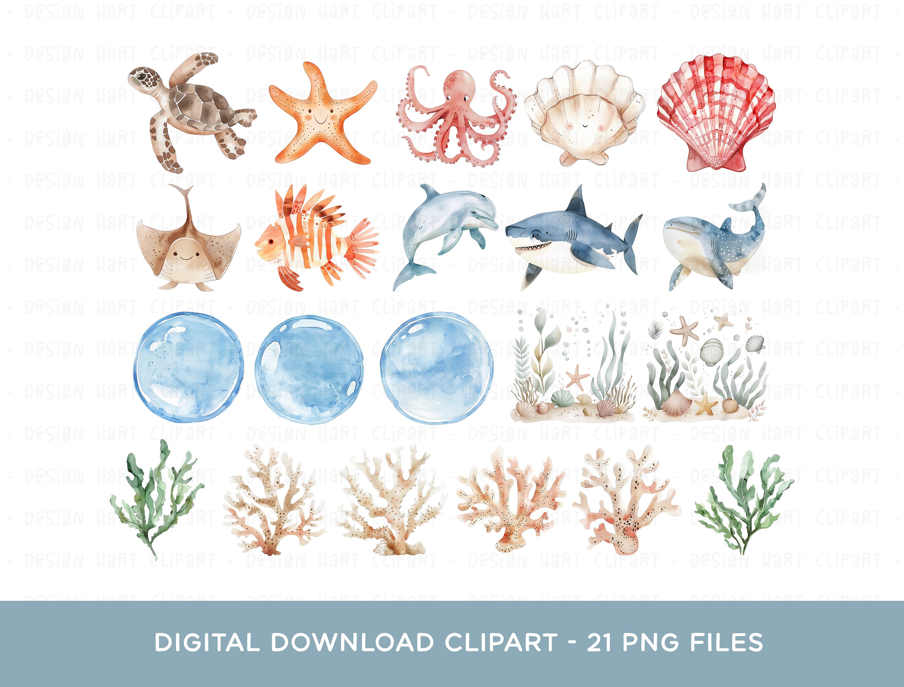 Ocean Clipart Bundle, Watercolor Under the Sea Creatures Animals Beach ...