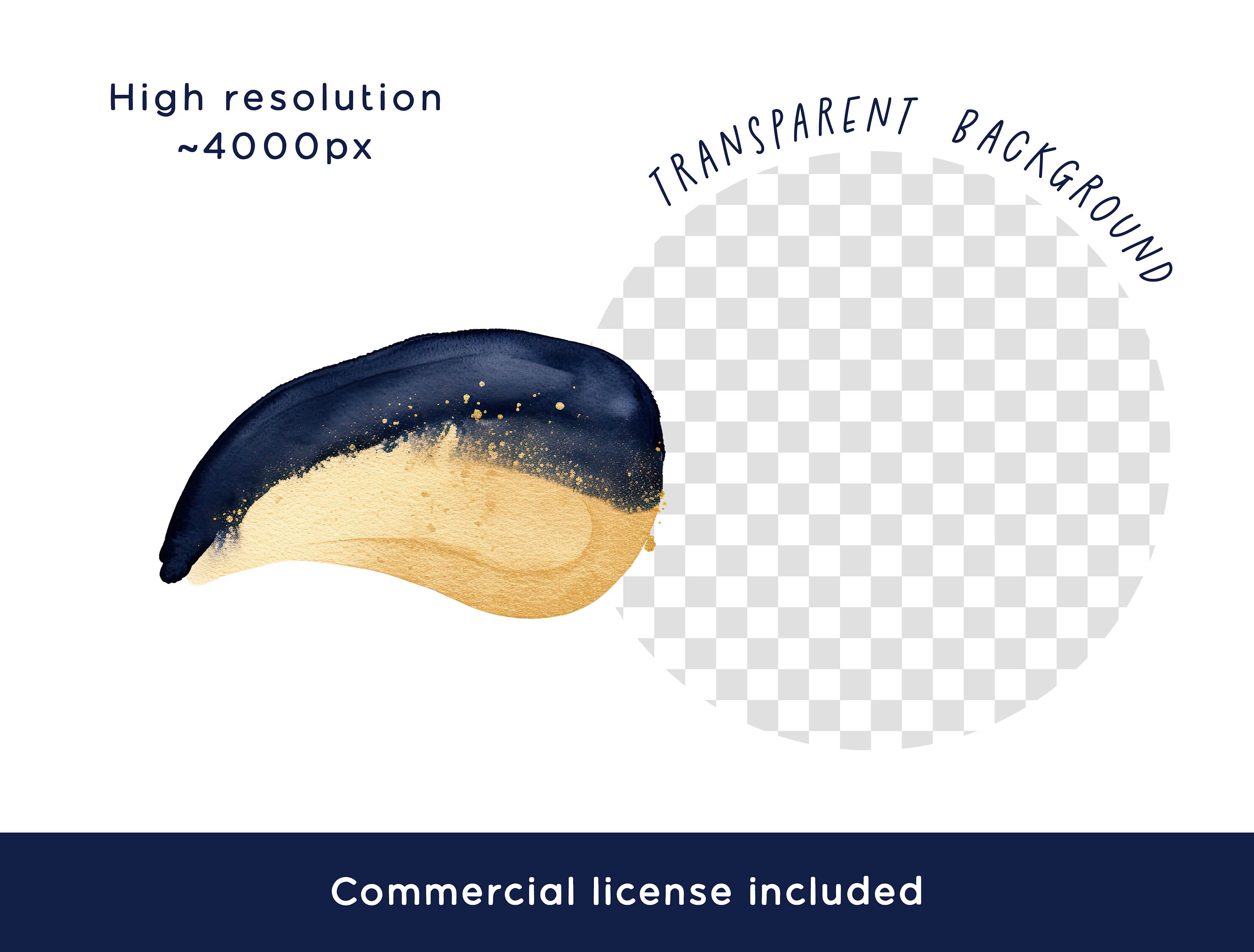 Brush Stroke Clipart Bundle - Watercolor Navy Blue & Gold Foil Smudge ...