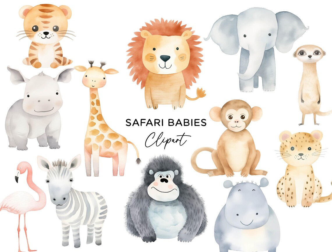 Safari Clipart Bundle, Watercolor Baby Jungle Zoo Animals Tropical ...