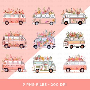 Retro Floral Van Clipart Bundle, Groovy Pastel Flowers PNG Digital ...