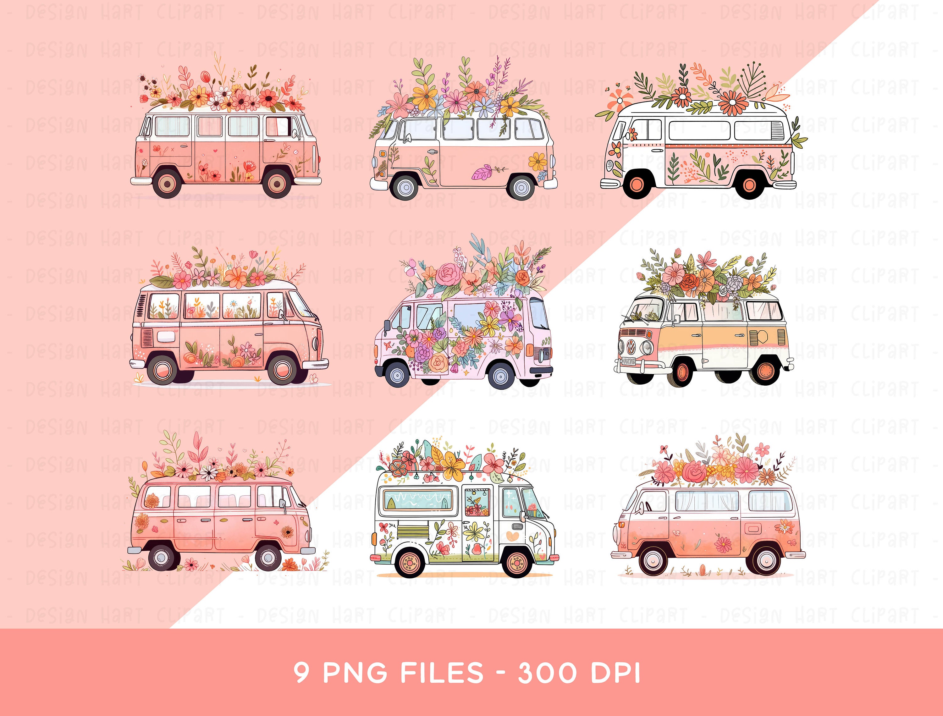 Retro Floral Van Clipart Bundle, Groovy Pastel Flowers PNG Digital ...