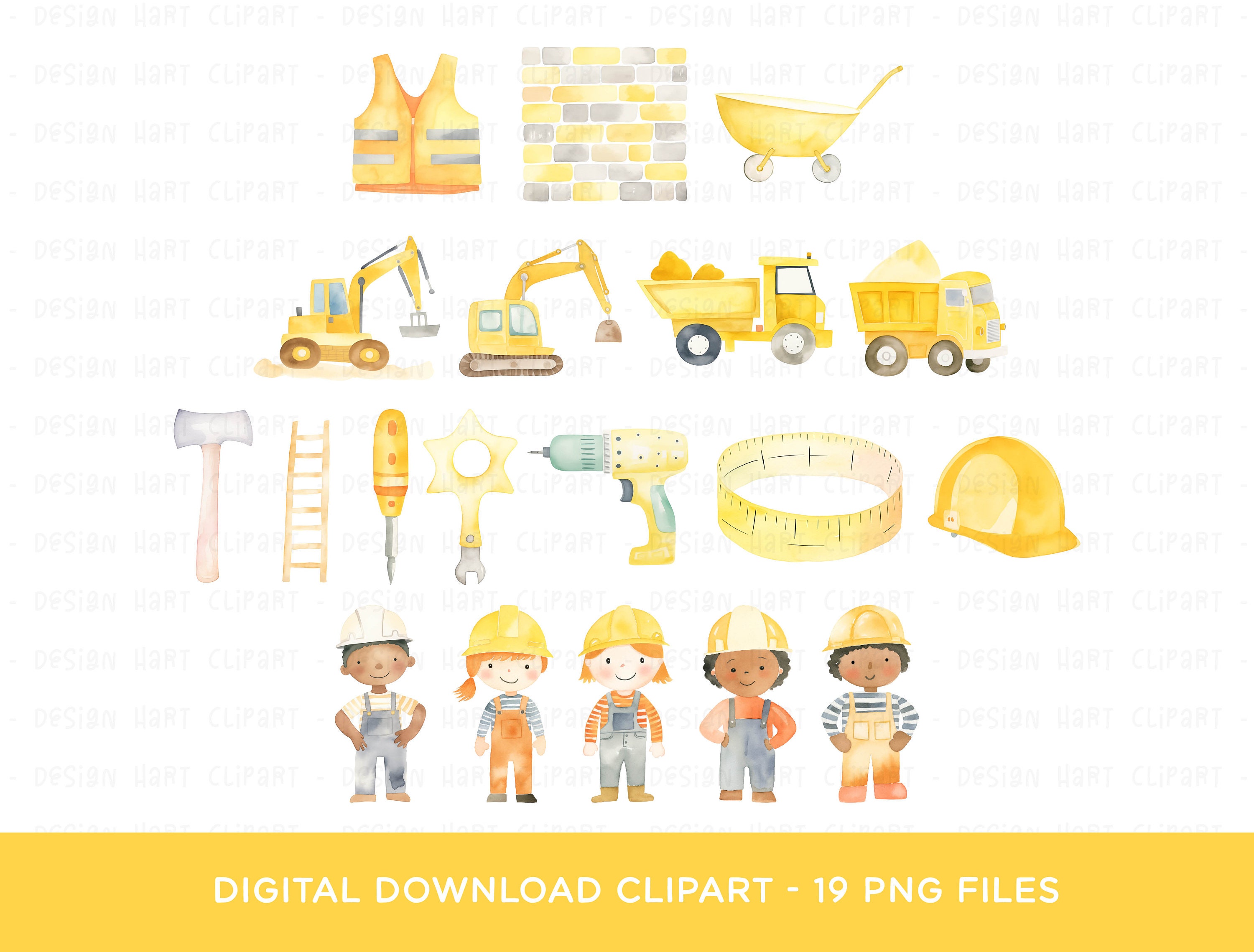 Builder Clipart Bundle, Construction Vehicles PNG Watercolor Digger ...