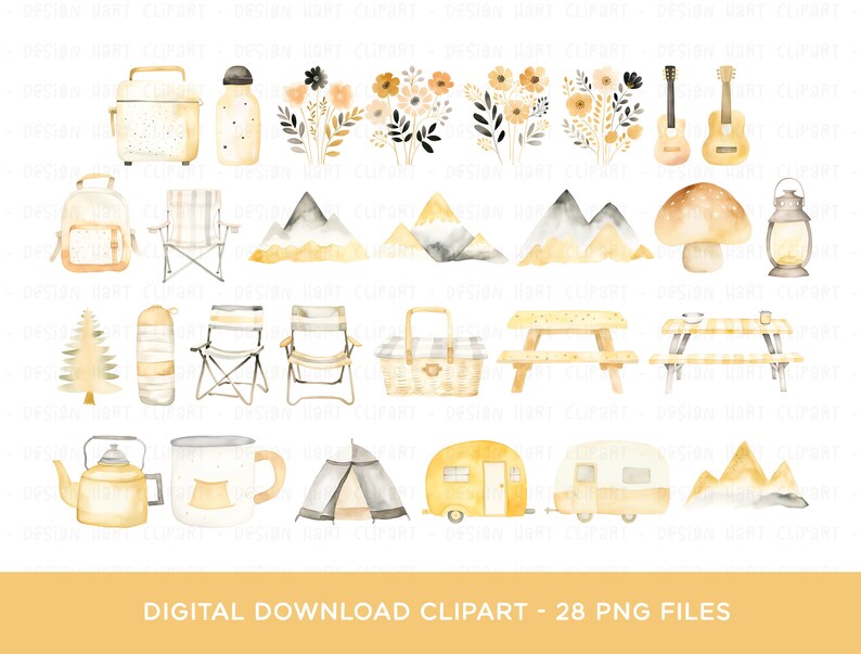 Camping Clipart Bundle, Adventure Watercolor Camper Caravan Picnic Tent ...