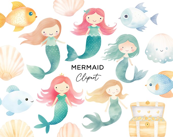 Mermaid Watercolor Clipart, Underwater Scene Graphics, Under the Sea ...