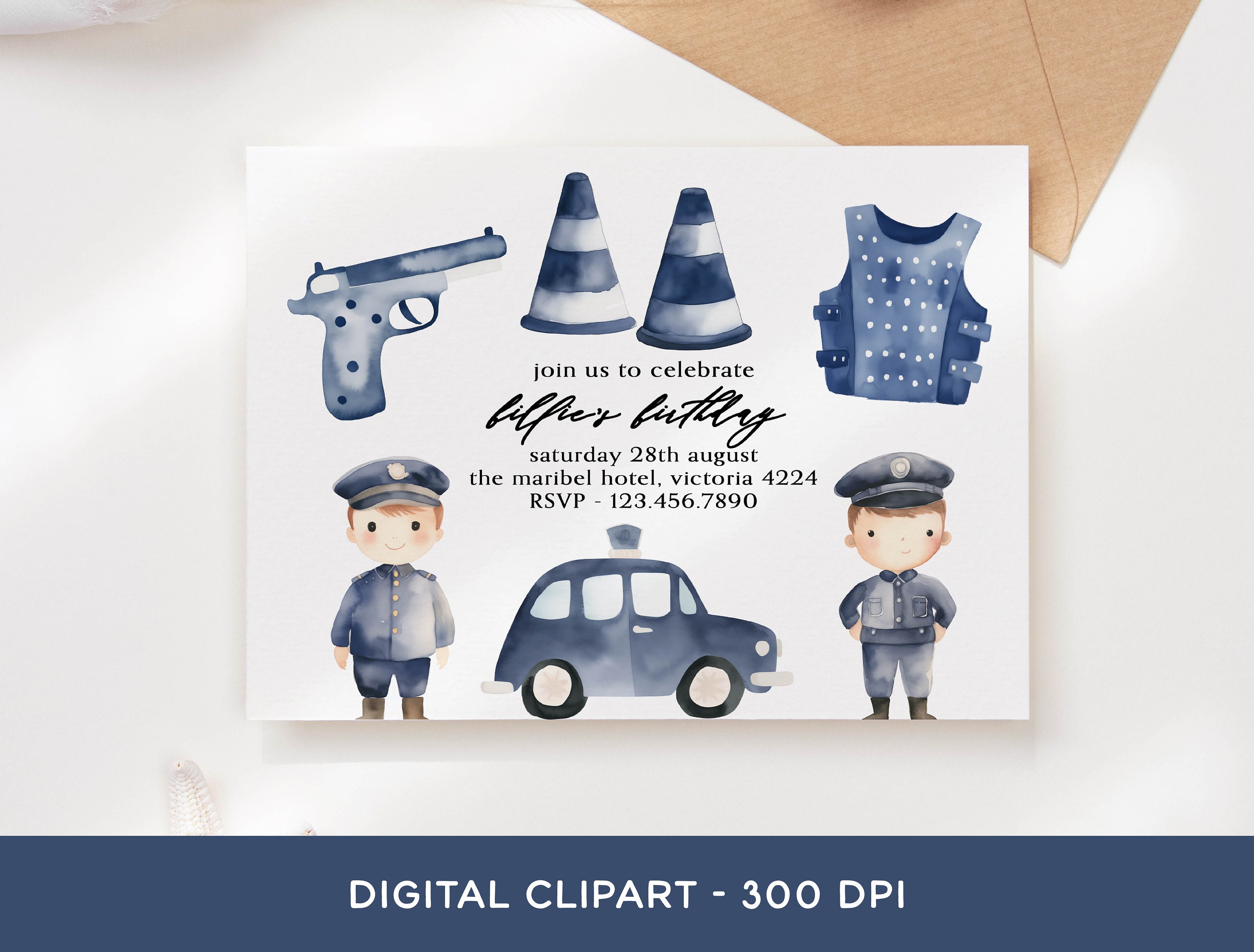Police Kid Clipart Bundle, Cute Watercolor Boy Policeman Car Gun ...