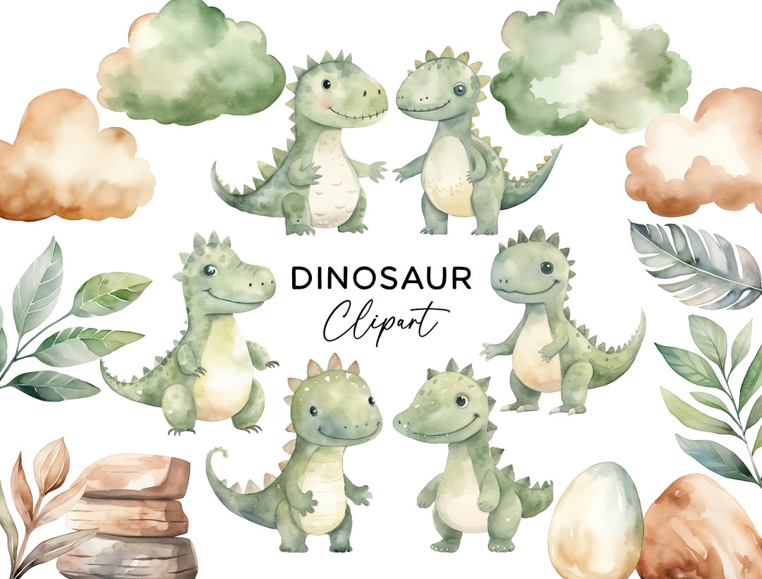 Dinosaur Clipart Bundle, Watercolor T-rex PNG Clip Art for Nursery Art ...