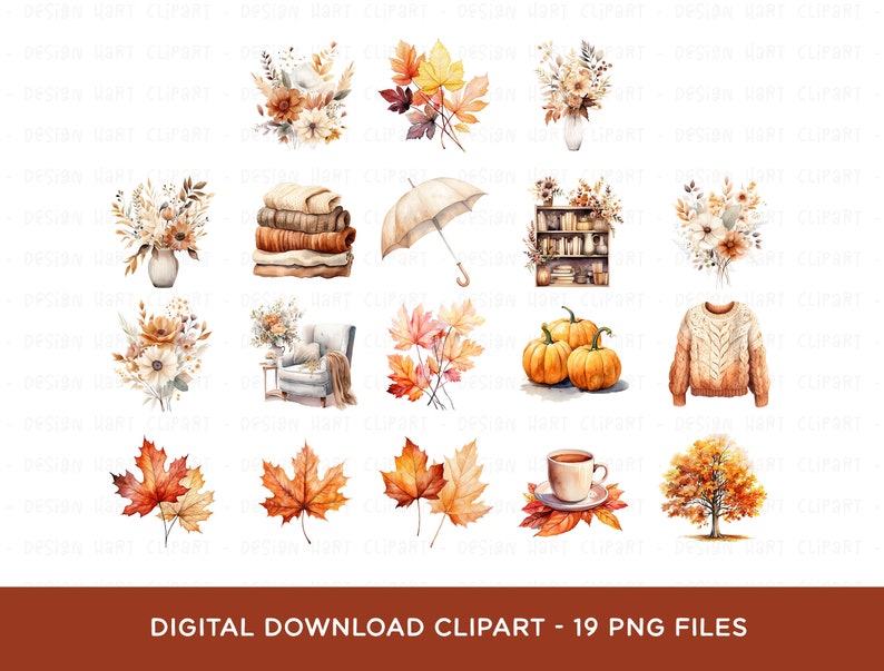 Autumn Clipart Bundle, Watercolor Fall Decor Pumpkin Leaves Boho ...