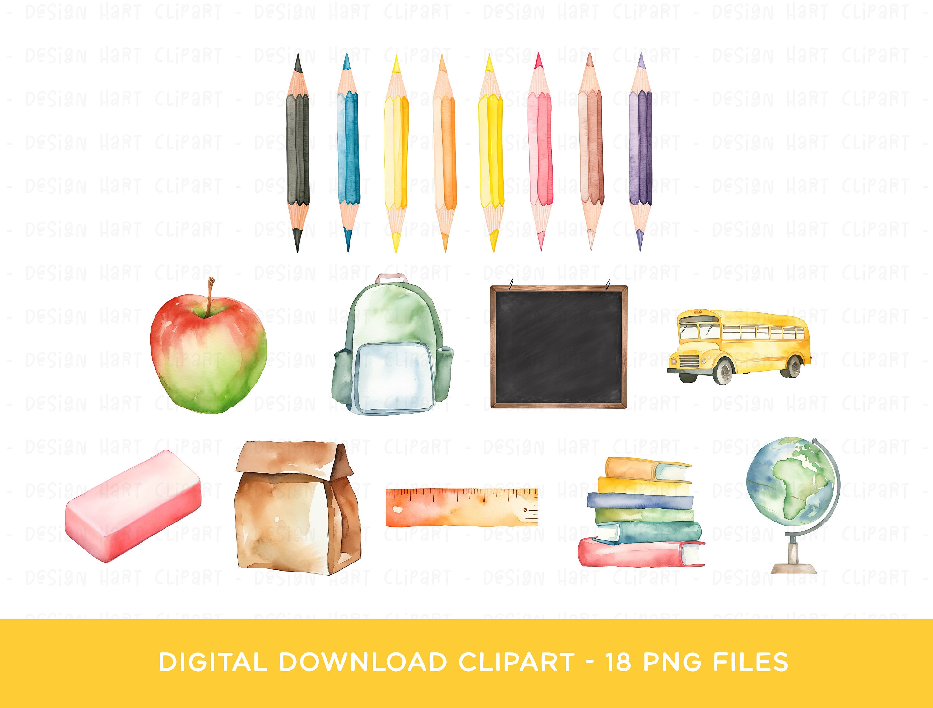 School Clipart Bundle, Watercolor Pencil Bus Books Globe Graphics ...