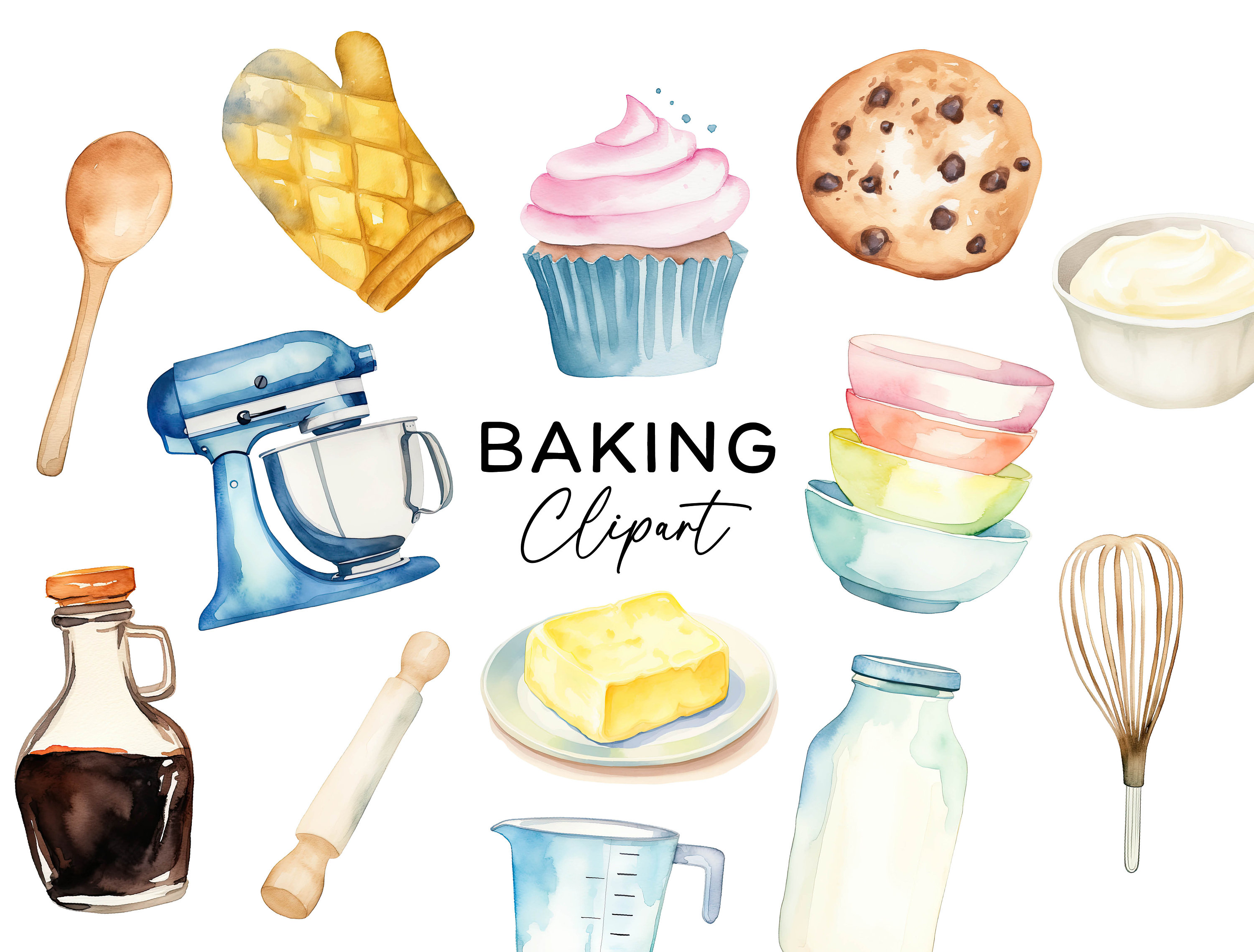 Baking Clipart Bundle, Watercolor Kitchen Utensils Pastel Bakery ...