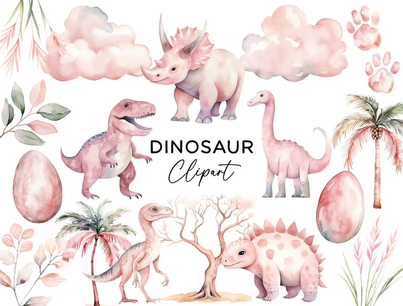 Dinosaur Clipart Bundle, Watercolor Girls Pink T-rex Prehistoric Dino ...