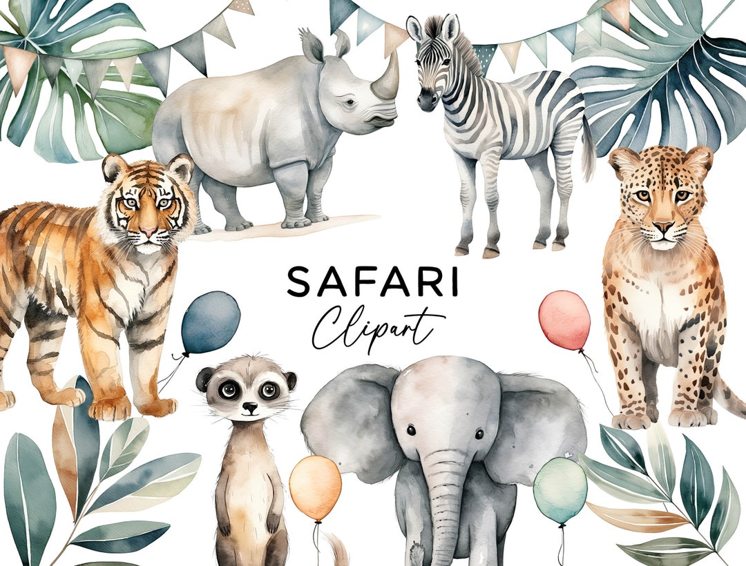 Safari Party Clipart Bundle, Jungle Zoo Animals Leaves Balloons PNG ...