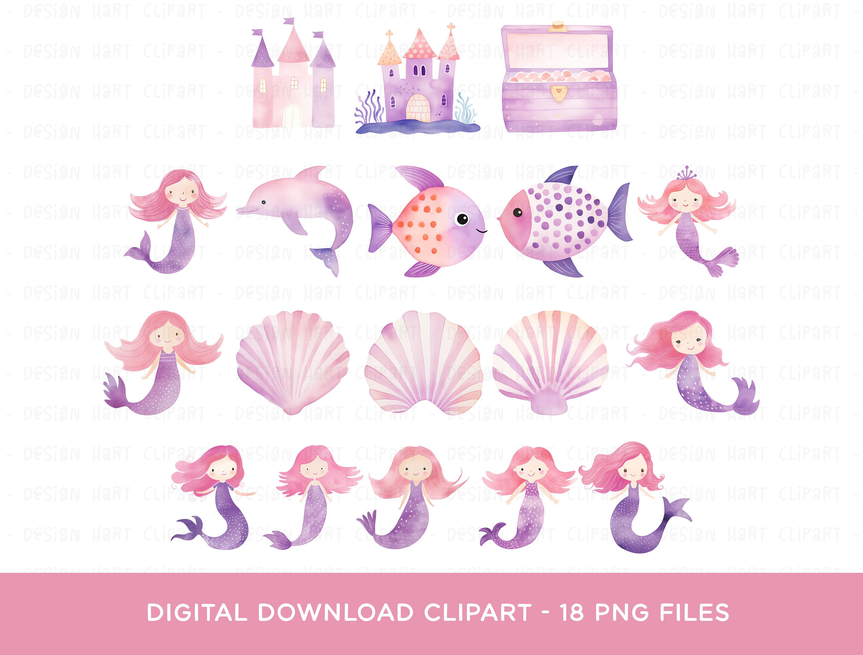 Mermaid Clipart Bundle, Purple Pink Mermaid Underwater Ocean Sea ...