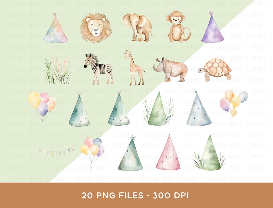 Party Animals Clipart Bundle, Watercolor Safari Jungle Zoo Animals With ...