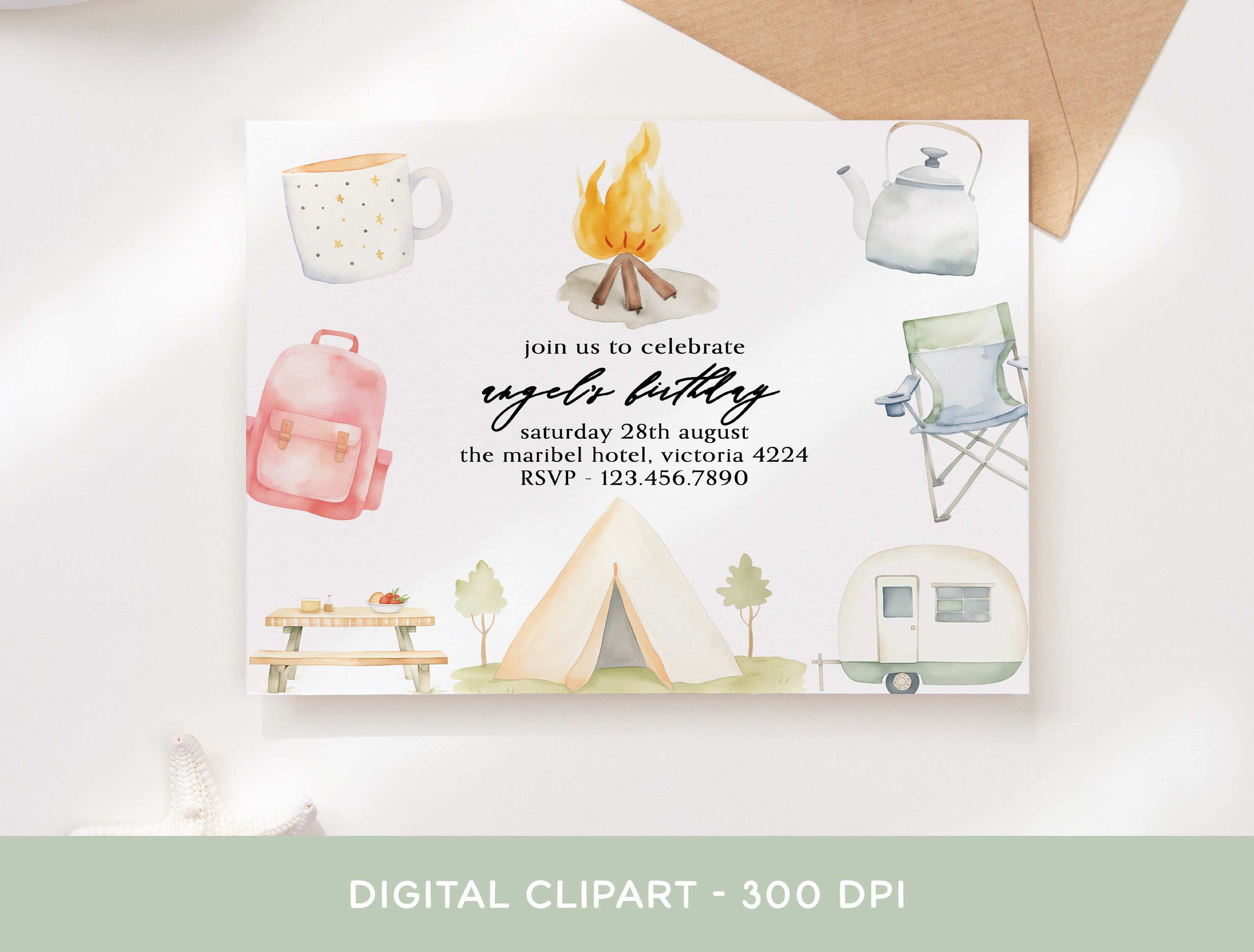 Camping Clipart Bundle, Camper Caravan Picnic Campfire Sleeping Bag ...