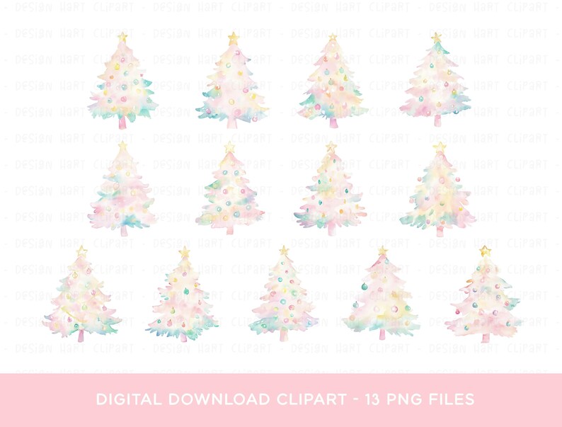 Pastel Christmas Tree Clipart Bundle, Rainbow Watercolor Xmas Trees PNG ...