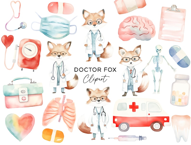 Doctor Fox Clipart Bundle Set, PNG Digital Download Watercolor Medical ...