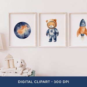 Astronaut Teddy Bear Clipart, Watercolor Outer Space Galaxy Rocket Ship ...