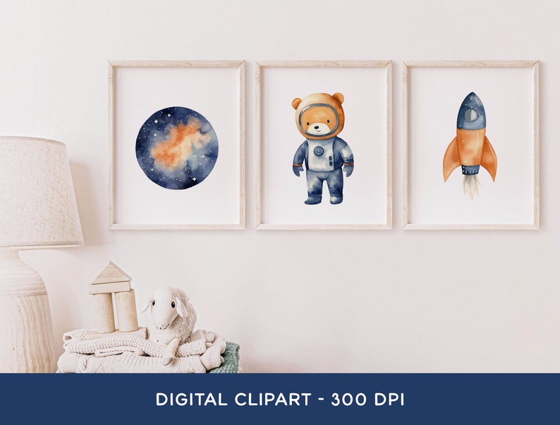 Astronaut Teddy Bear Clipart, Watercolor Outer Space Galaxy Rocket Ship ...