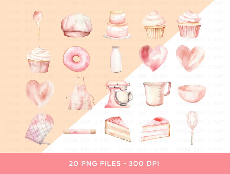 Baking Clipart Bundle Pink Bakery Watercolor Kitchen Cupcake Cake Mixer ...