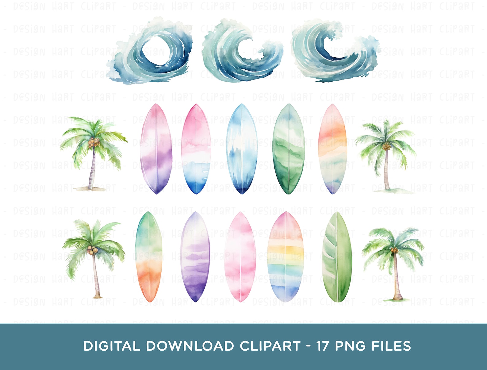 Surfer Clipart Bundle, Watercolor Surfboard Ocean Waves PNG for Beach ...