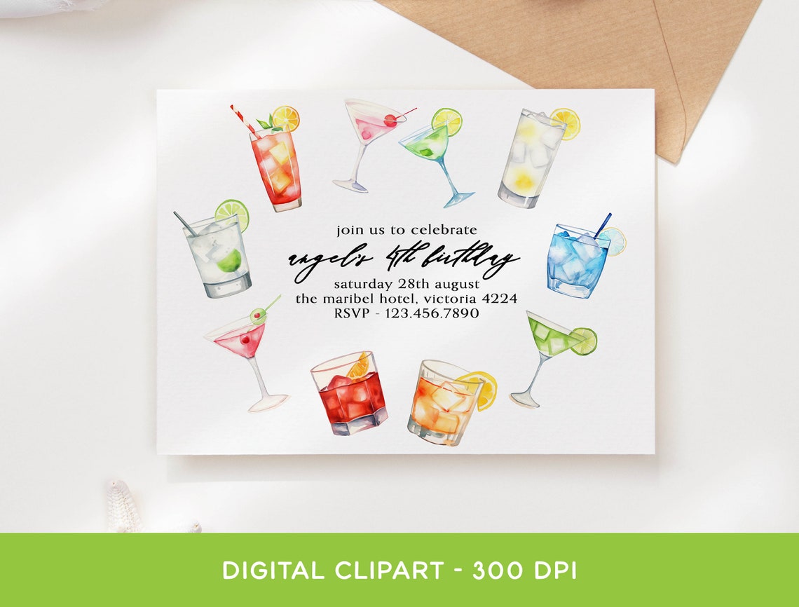 Cocktail Clipart Bundle, Watercolor Alcoholic Drinks Martini ...