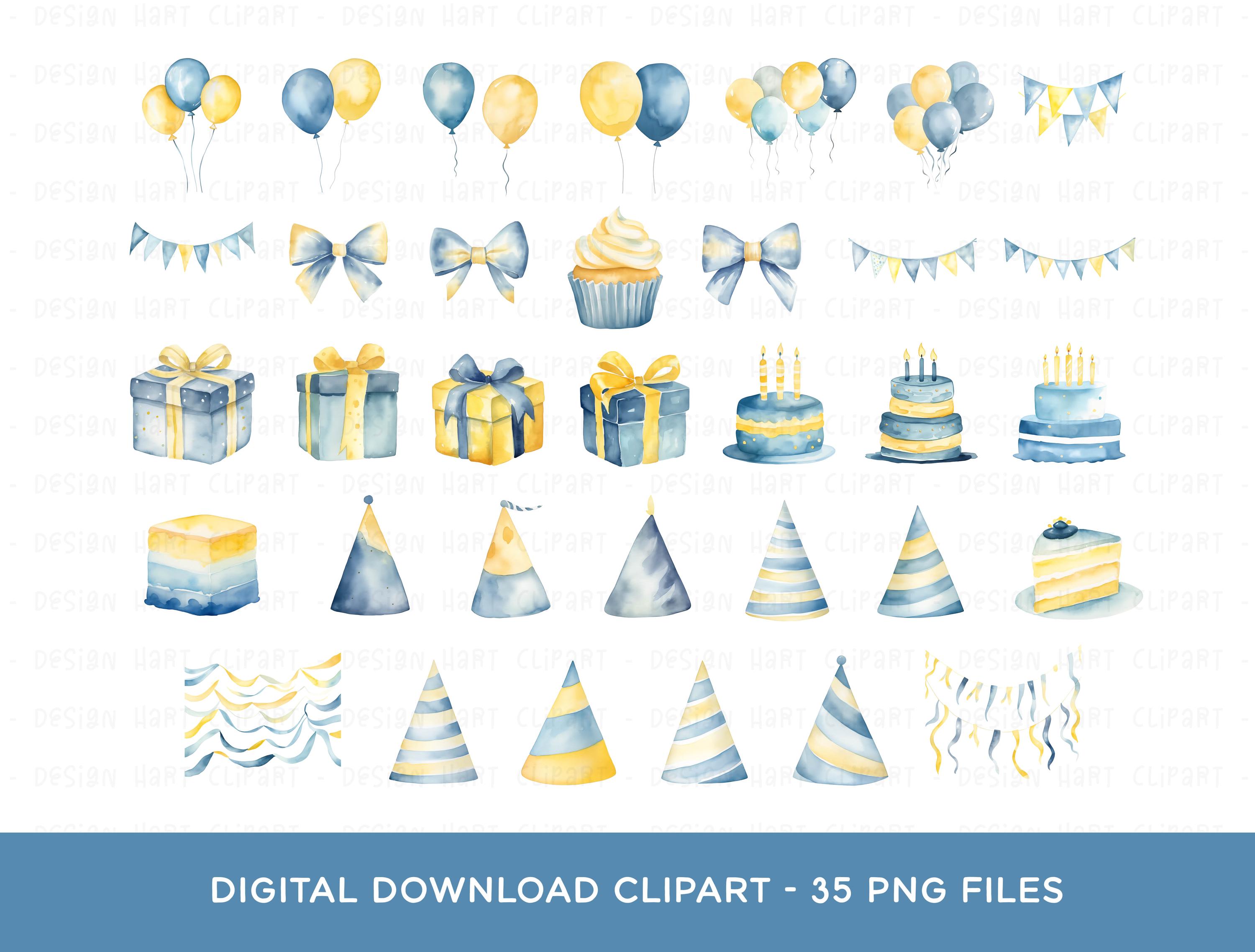 Party Clipart Bundle, PNG Graphic Digital Download Watercolor Blue ...